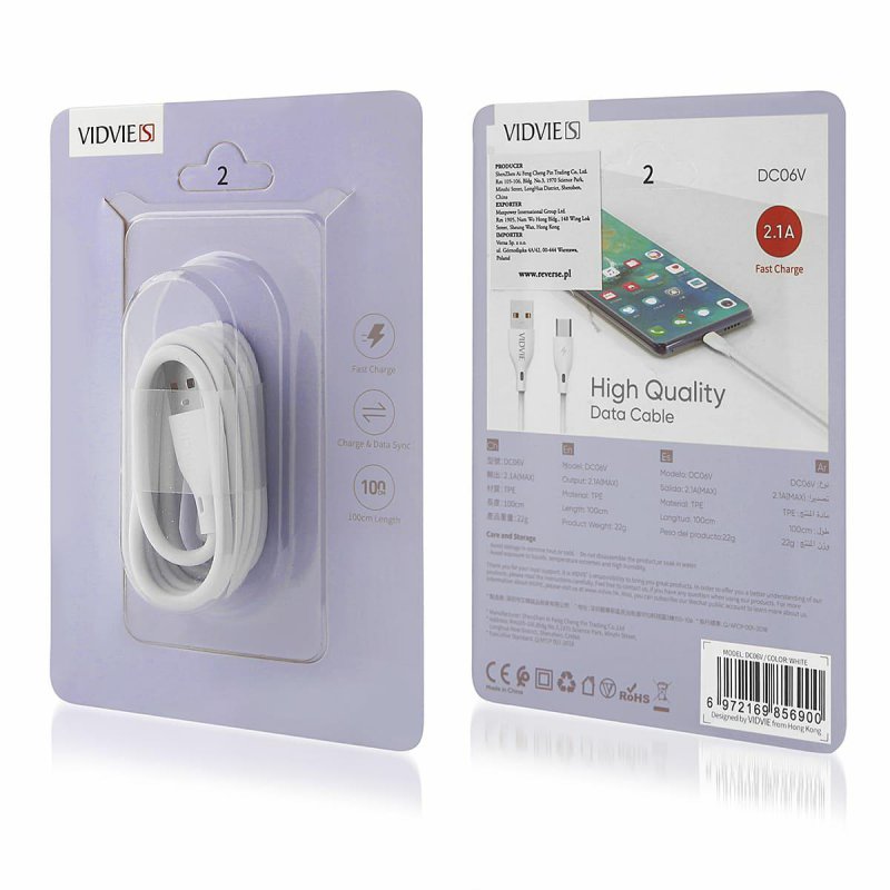 DC06M VIDVIE Micro Cable 1 Meter 2.1 Amp Fast Charge – direct-retail.co.uk
